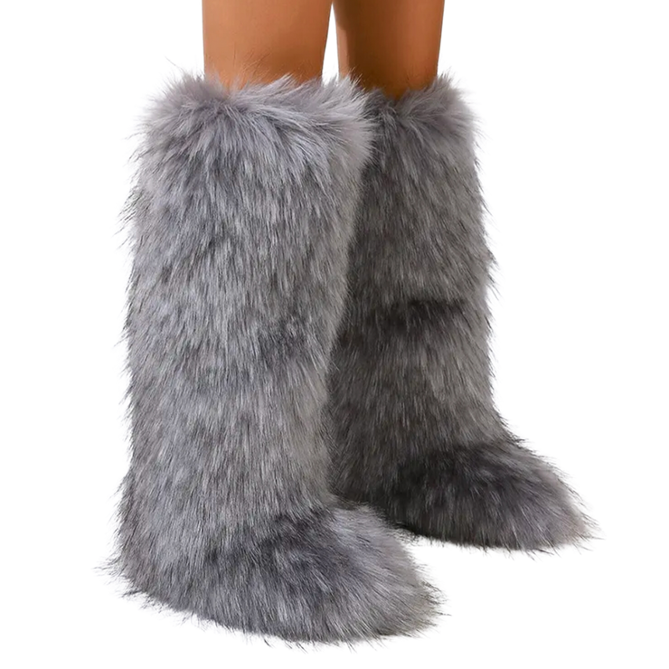 Grey baddie knee-high fur boots – Wyn Luxe